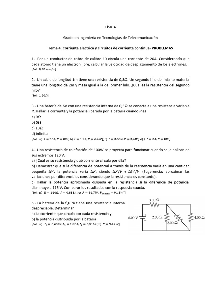 Problemas Tema 4 | PDF | Corriente eléctrica | Resistencia Eléctrica y Conductancia