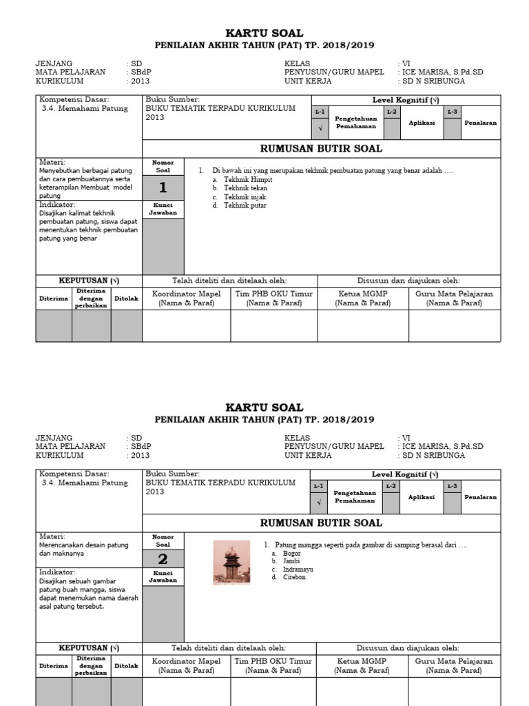 KARTU SOAL PAT SBDP | PDF