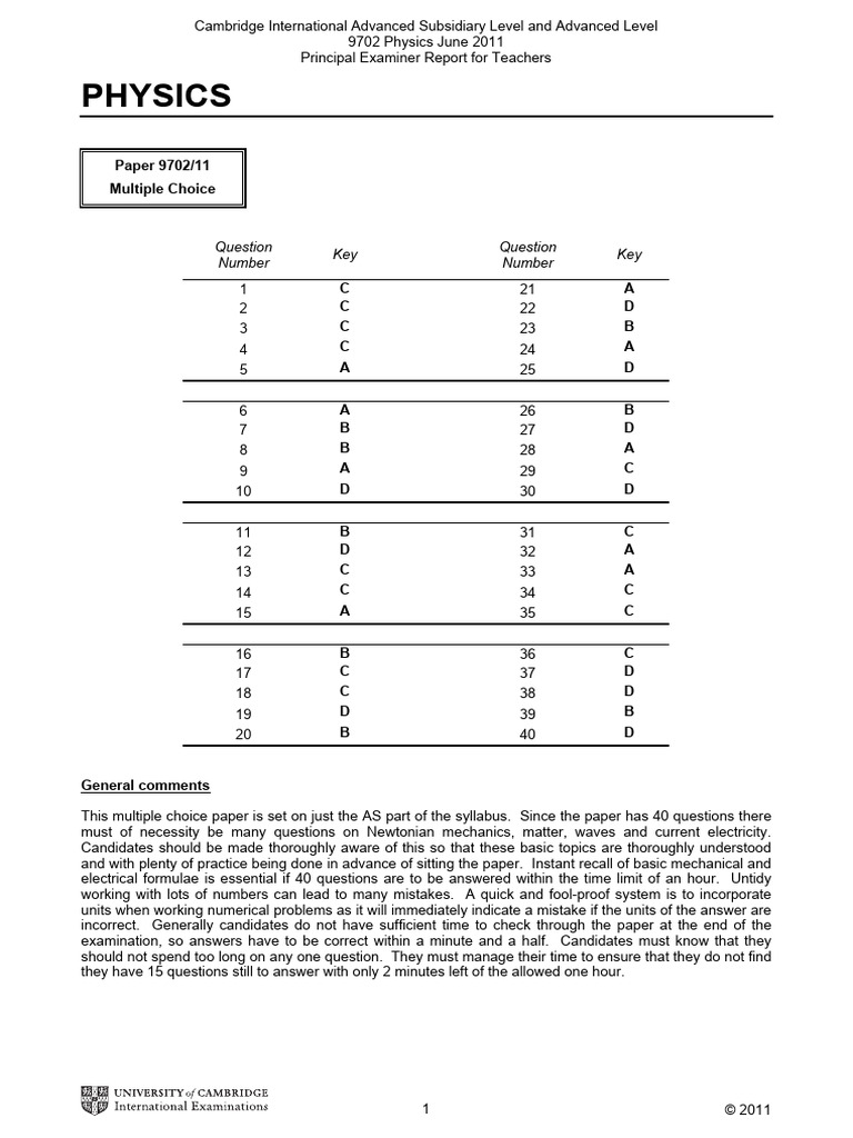 Physics: Paper 9702/11 Multiple Choice | PDF | Velocity | Force