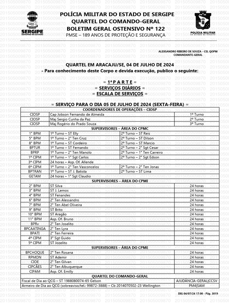 Polícia Militar Do Estado de Sergipe Quartel Do Comando-Geral Boletim Geral Ostensivo #122 | PDF ...