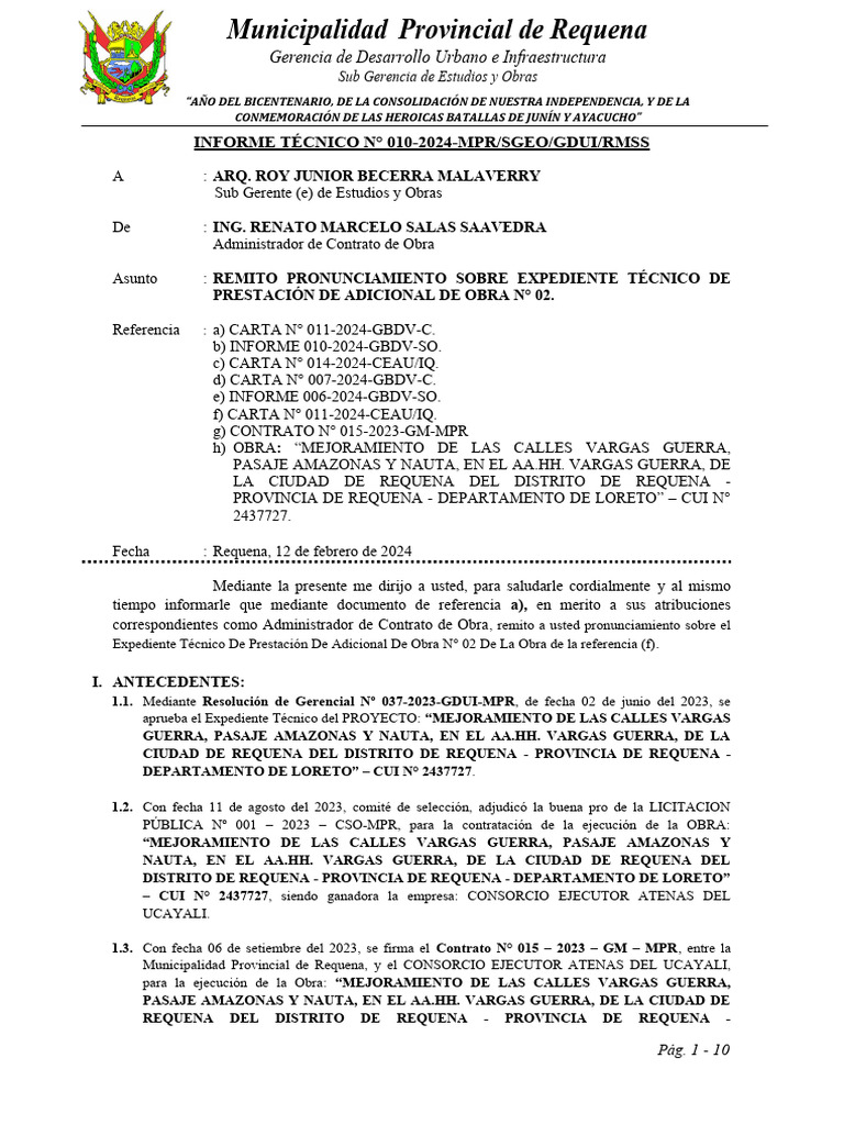 Informe Tecnico #010-2024-Pronuncionamiento Adicional de Obra N 02 - Vargas Guerra | PDF ...