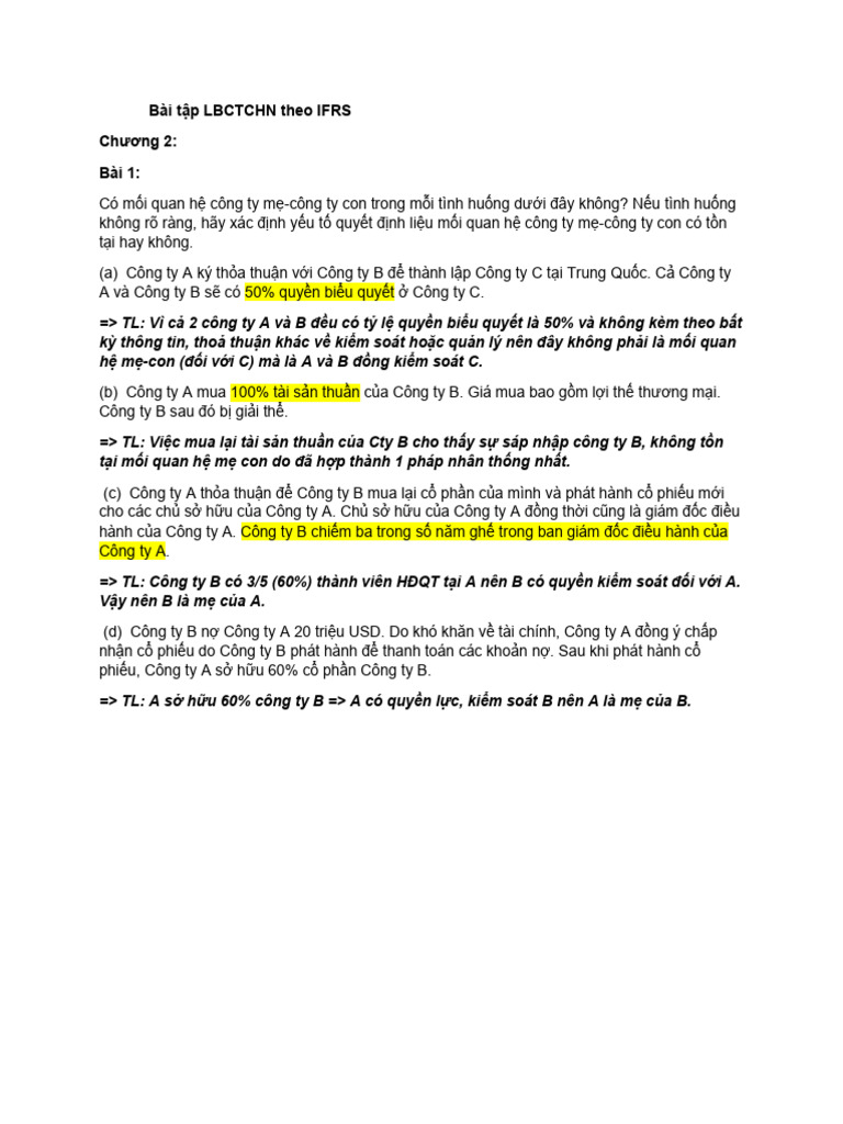 BT LBCTCHN Theo IFRS - C2 (Có Đáp Án) | PDF
