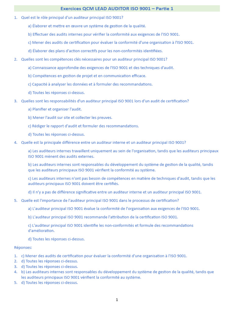 QCM Lead Auditor ISO 9001: Exercices et Réponses | PDF | Audit ...