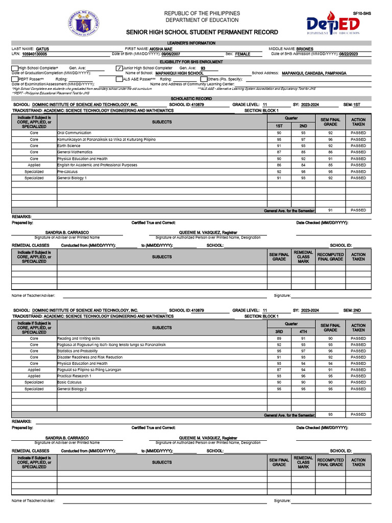 SF10 Template. 11 Stem. Gatus | PDF | Middle Schools | Science ...