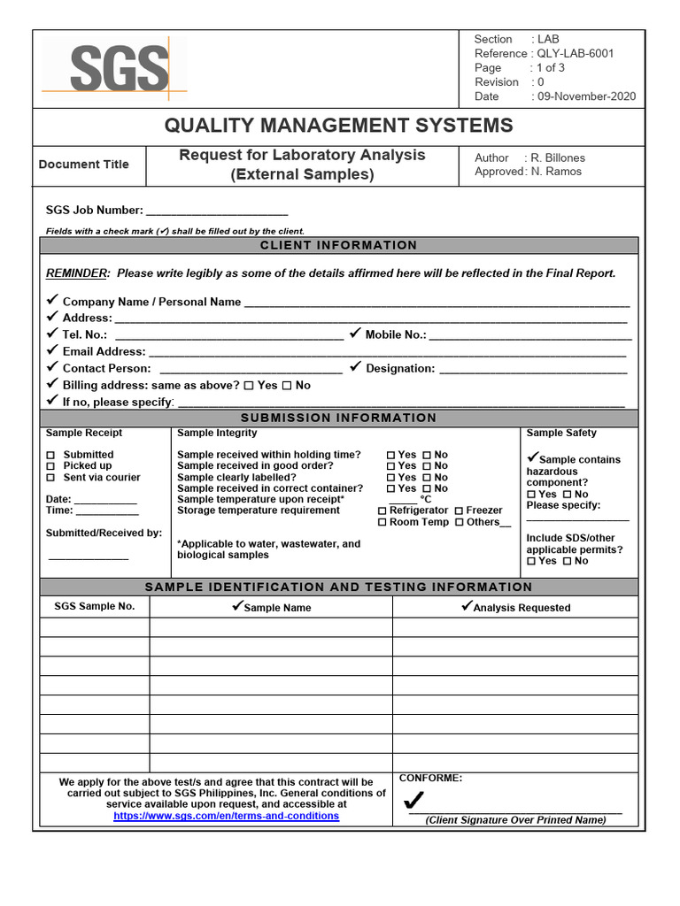 QLY-LAB-6001 Request For Laboratory Analysis (External Samples) | PDF ...