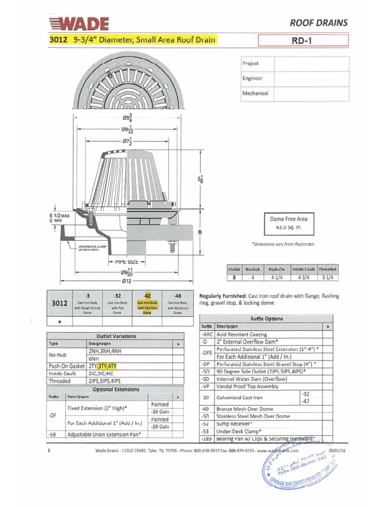Rain Water Outlet Data Sheet WADE | PDF