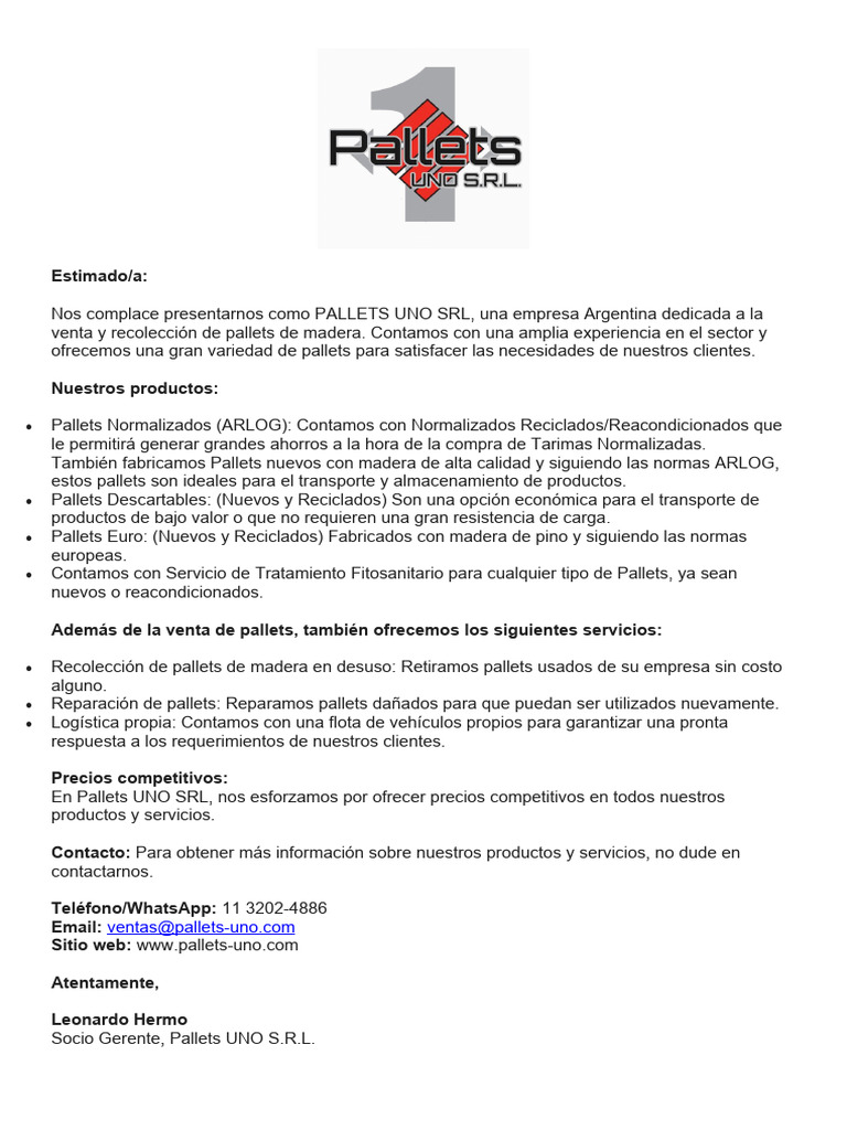Carta Presentacion Pallets Uno | PDF | Estudios de idiomas extranjeros