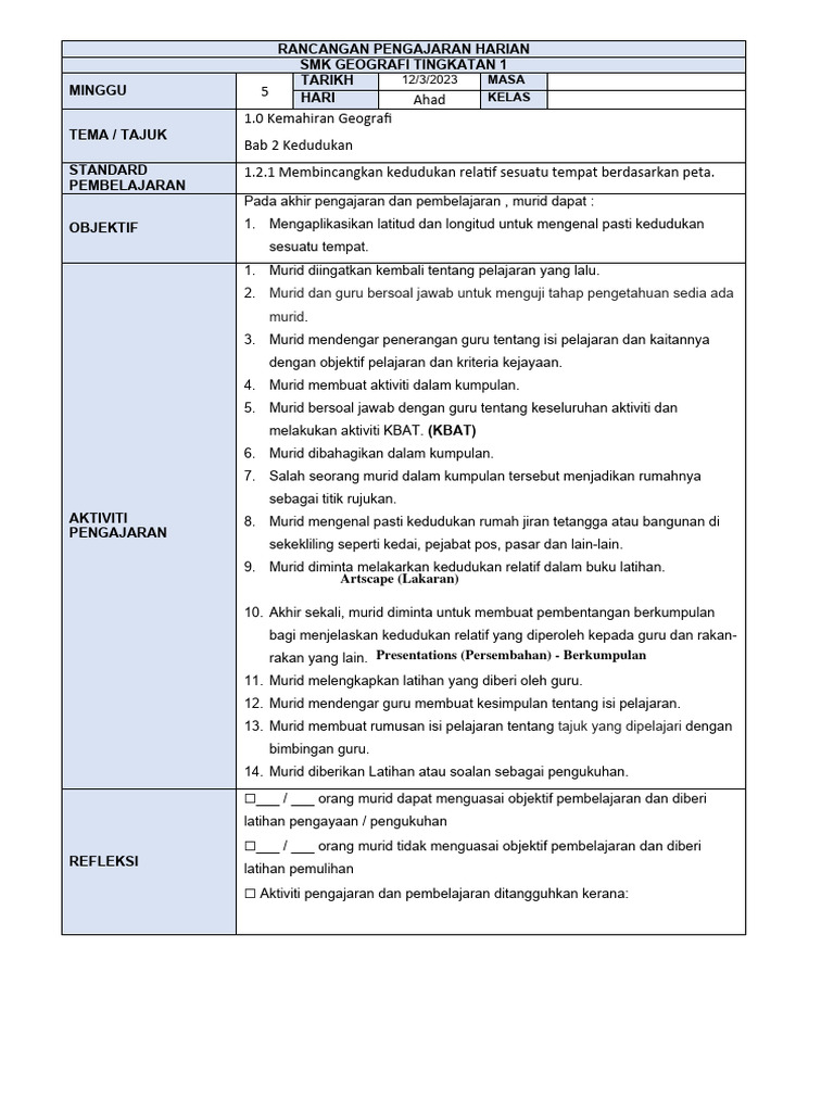 RPH Ringkas Minggu 5 Geografi Tingkatan 1 by Cikgu Gorgeous | PDF