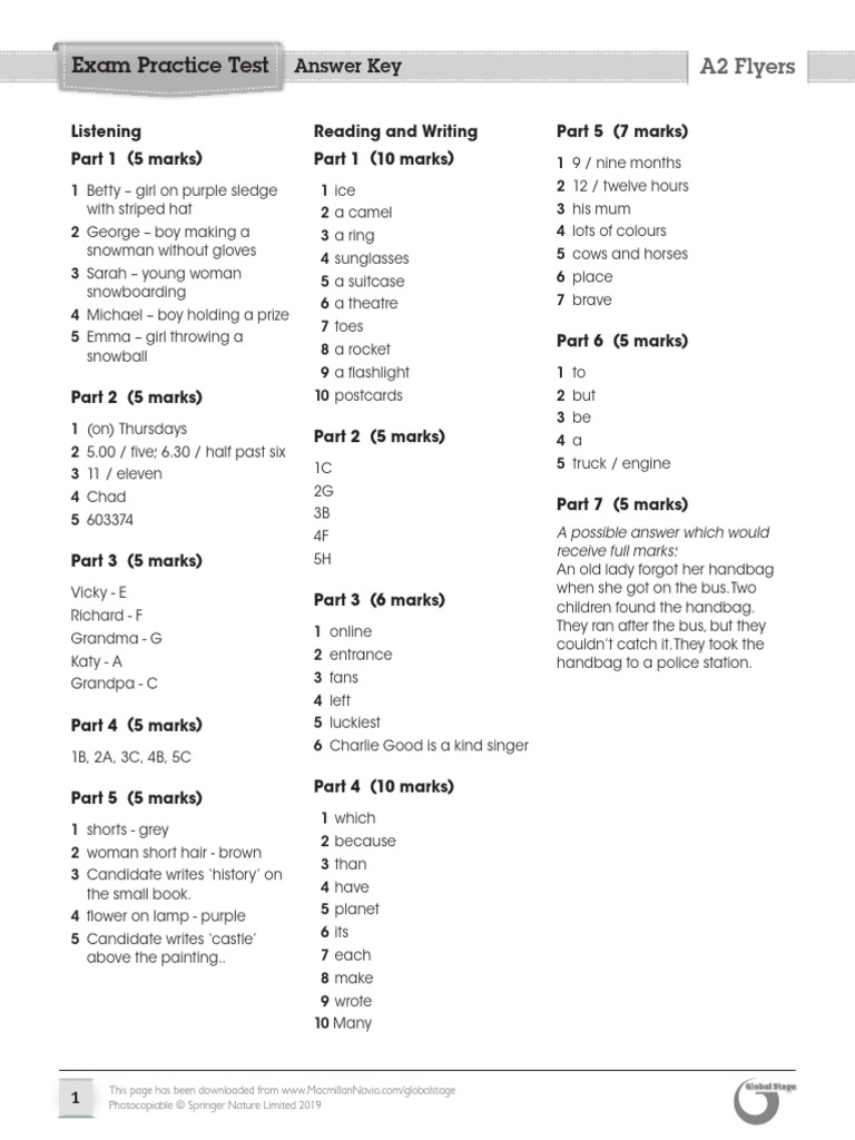 GS A2 Flyers Exam Practice Test Answer Key | PDF