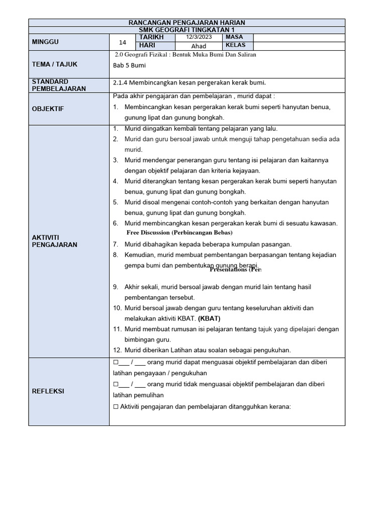 RPH RINGKAS MINGGU 14 GEOGRAFI TINGKATAN 1 BY CIKGU GORGEOUS | PDF