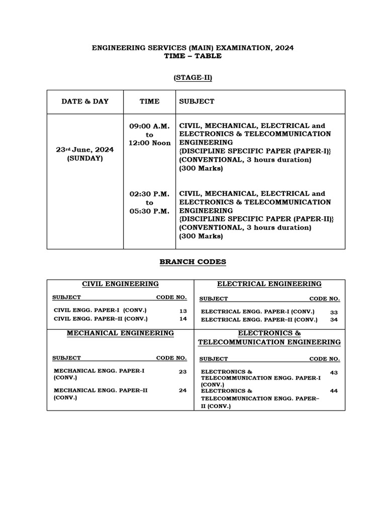 Engineering Services Exam 2024 Schedule | PDF
