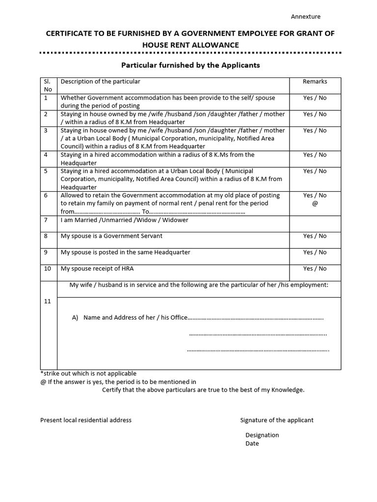 Government Employee HRA Certificate Form | PDF | Marriage | Social ...