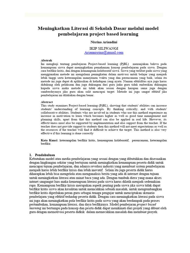 Meningkatkan Literasi Di Sekolah Dasar Melalui Model Pembelajaran Project Based Learning | PDF