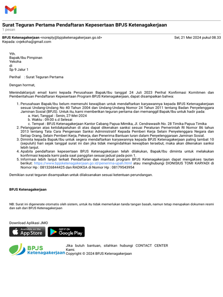 Gmail - Surat Teguran Pertama Pendaftaran Kepesertaan BPJS Ketenagakerjaan | PDF