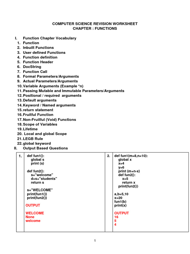 Functions Revision Worksheet - AK | PDF | Parameter (Computer Programming) | Computing