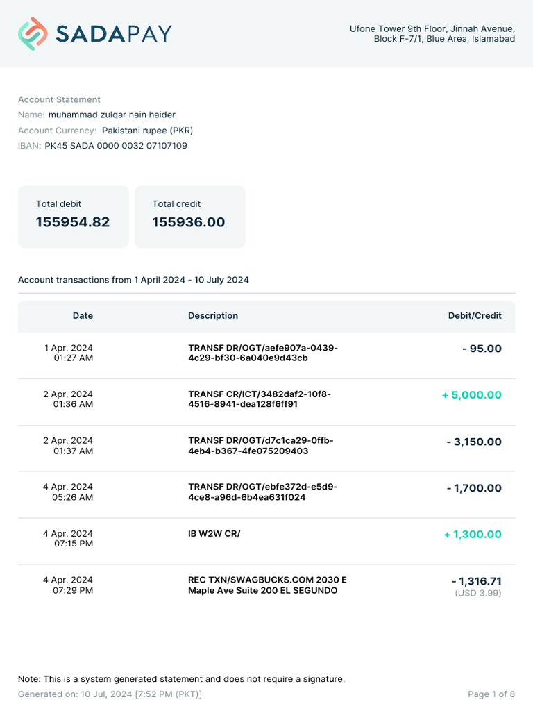 Sadapay Statments | PDF | Debits And Credits | Business