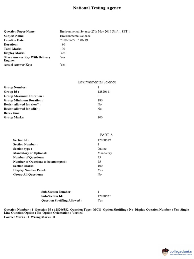 Environmental Science Exam Paper 2019 | PDF | Multiple Choice