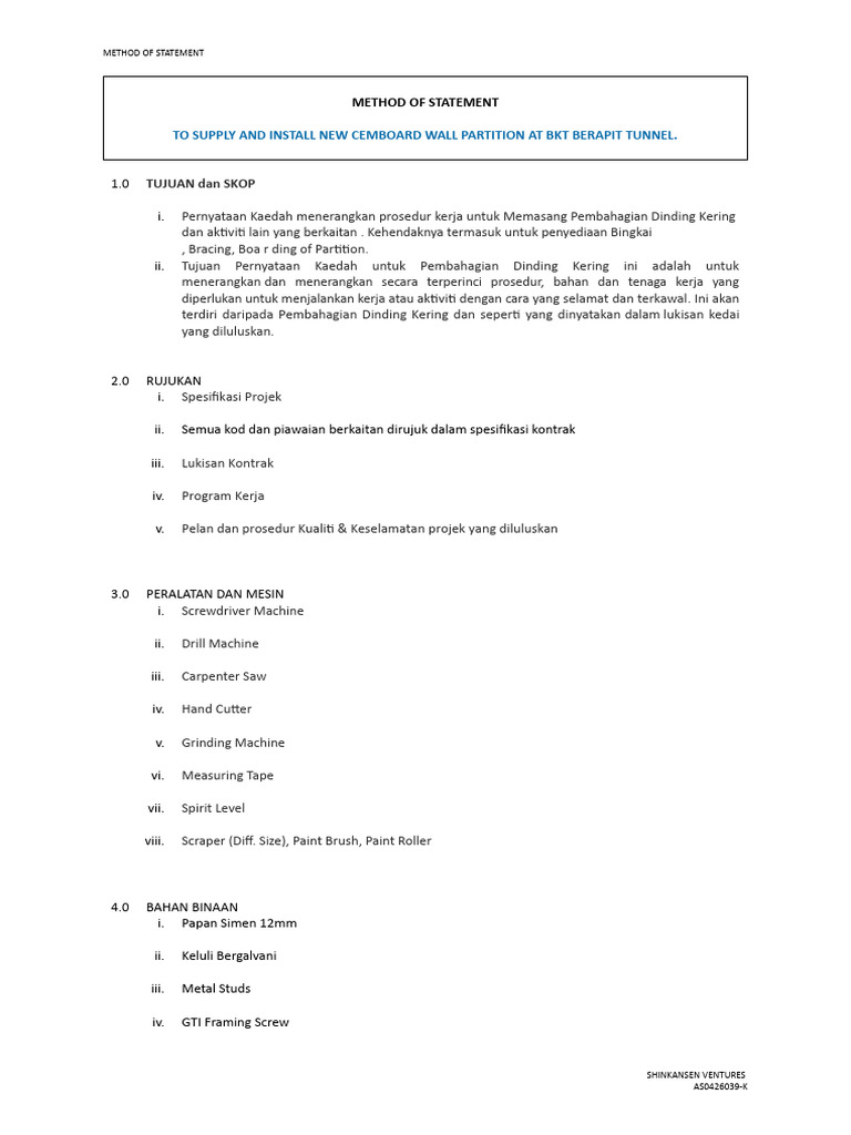 Method of Statement For TO SUPPLY AND INSTALL NEW CEMBOARD WALL ...
