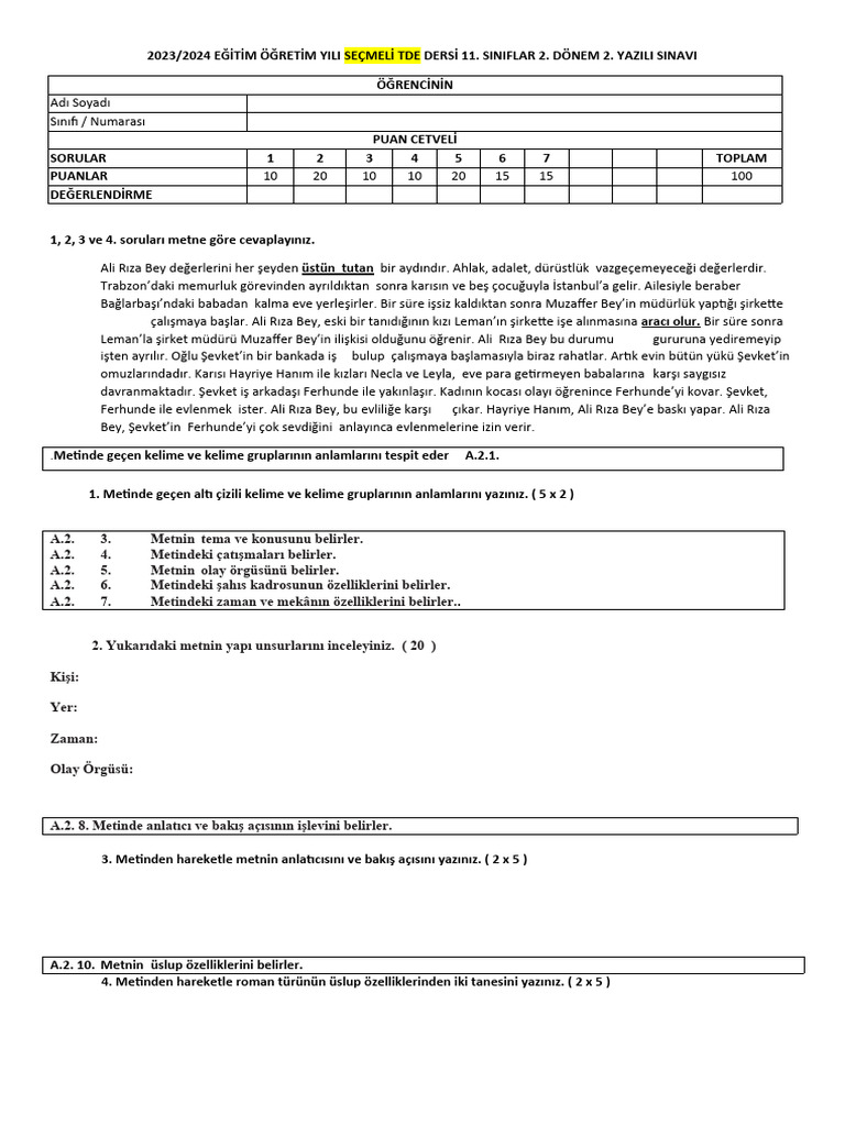 11.sinif Secmeli Turk Dili Ve Edebiyati 2.donem 2.yazili Sorulari | PDF