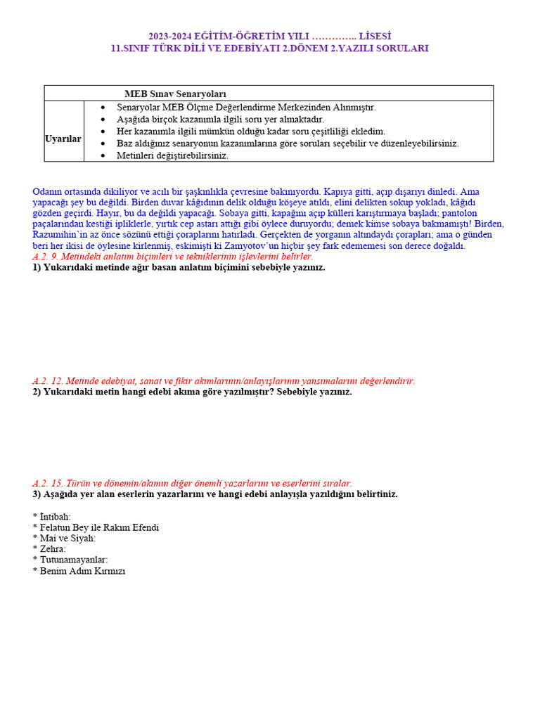11.Sinif-Edebiyat-2.Donem-2.Yazili-Sorulari-2024 | PDF