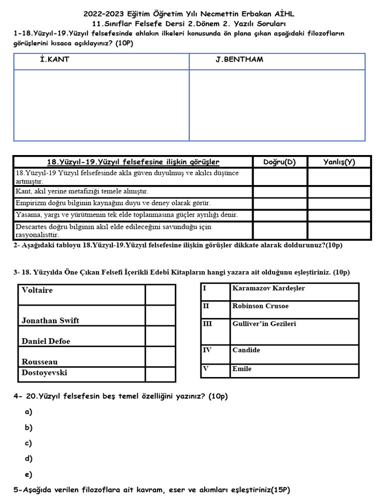 11.siniflar Felsefe Dersi 2.donem 2.yazili Sorulari 2023 | PDF