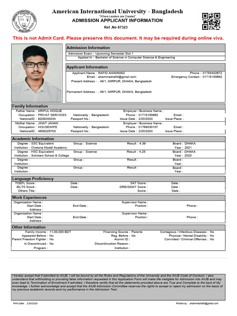 Aiub Form | PDF | Qualifications | Educational Stages