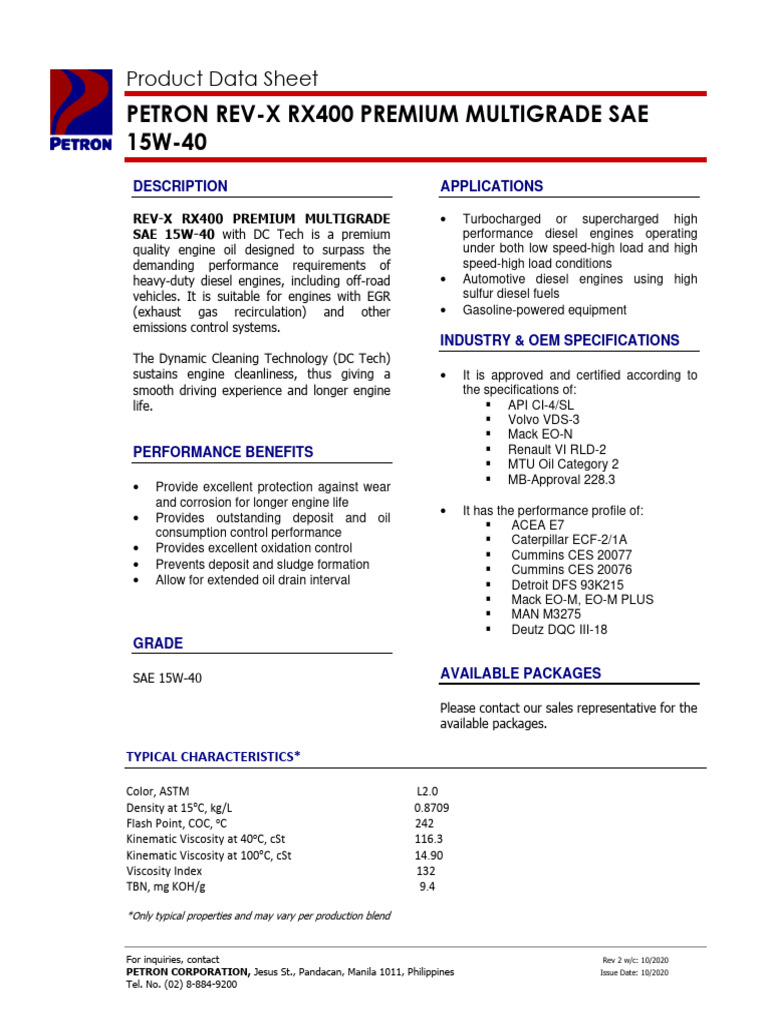 PDS Rev X RX400 Premium Multigrade SAE 15W 40 Rev 2 | PDF | Engines ...