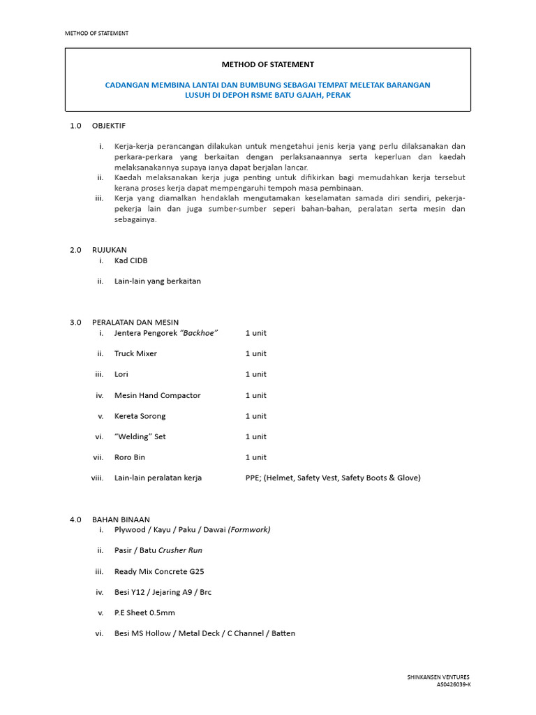 Method of Statement For Membina Lantai Berbumbung Dan Kerja Berkaitan ...