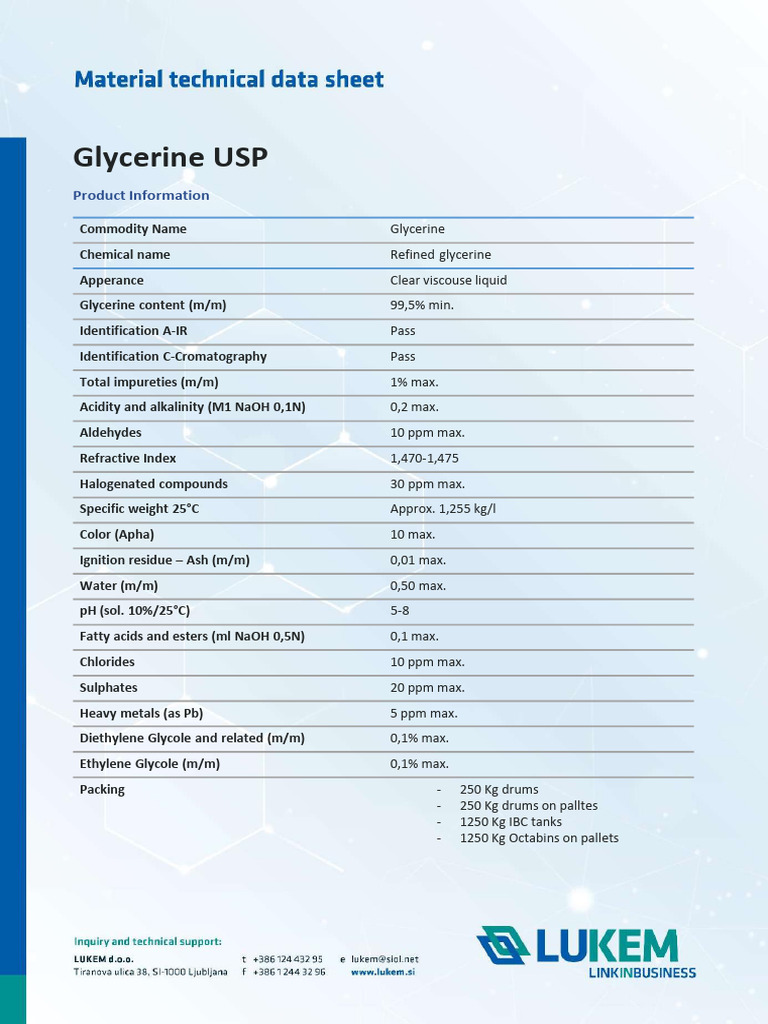 TDS - Glycerine USP | PDF