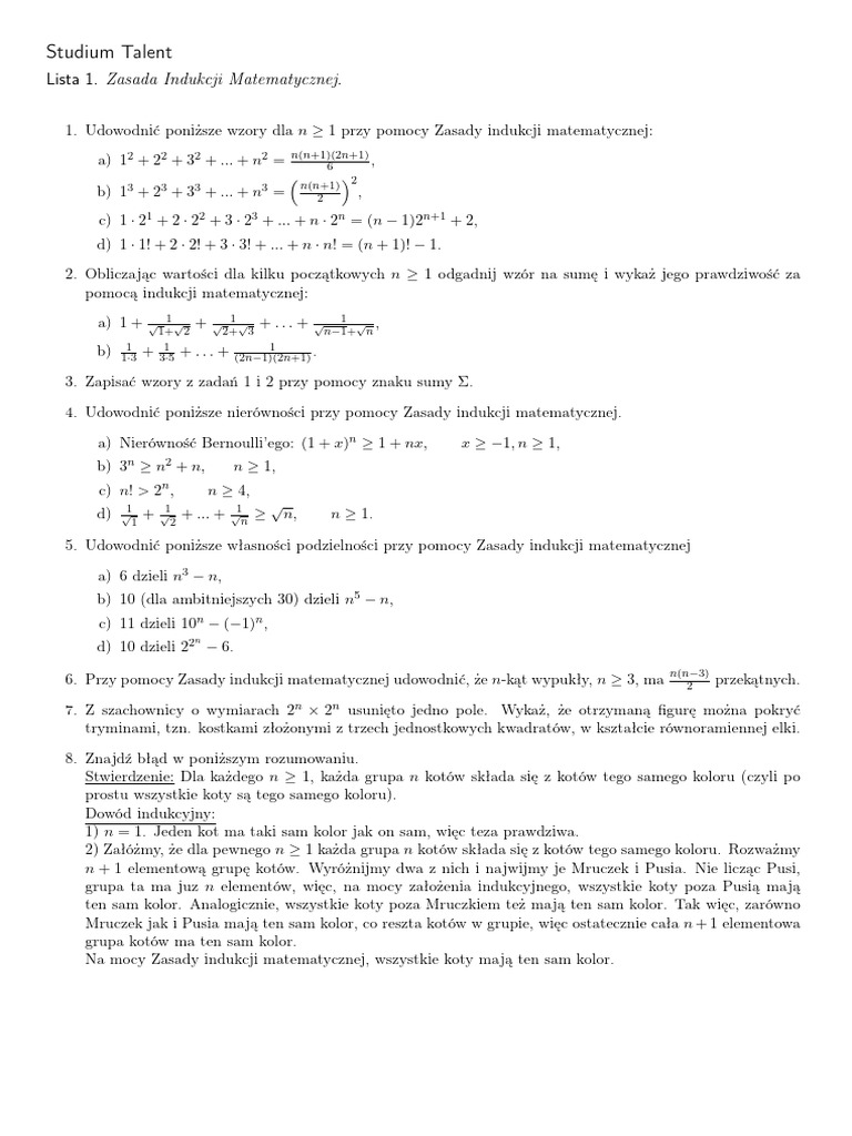 Lista 1 - Indukcja Matematyczna | PDF