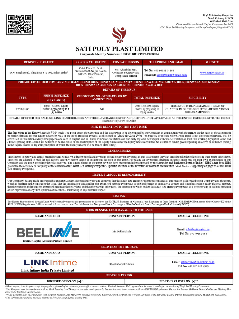 Sati Poly Plast Limited Draft Prospectus | PDF | Stocks | Investing