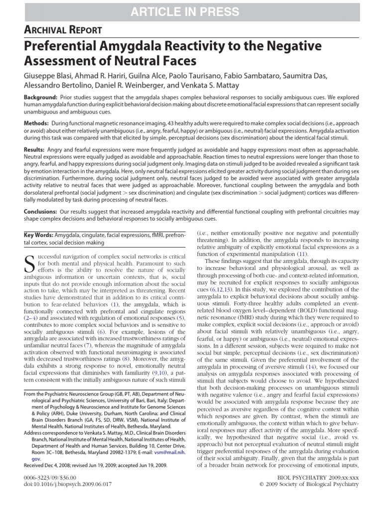 Preferential Amygdala Reactivity To The | PDF | Amygdala | Frontal Lobe