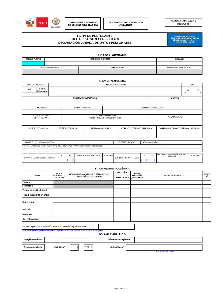 Anexo 02 - Ficha de Postulante - 006-2024 | PDF | Documento de identidad