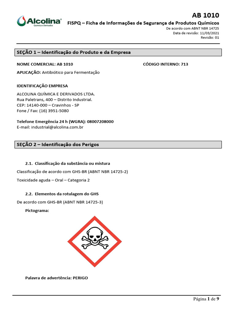 FISPQ - AB 1010 - Rev. 01 | PDF | Química | Desperdício