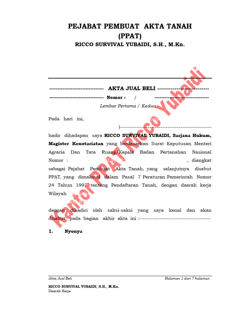 Contoh Akta Jual Beli AJB PPAT | PDF