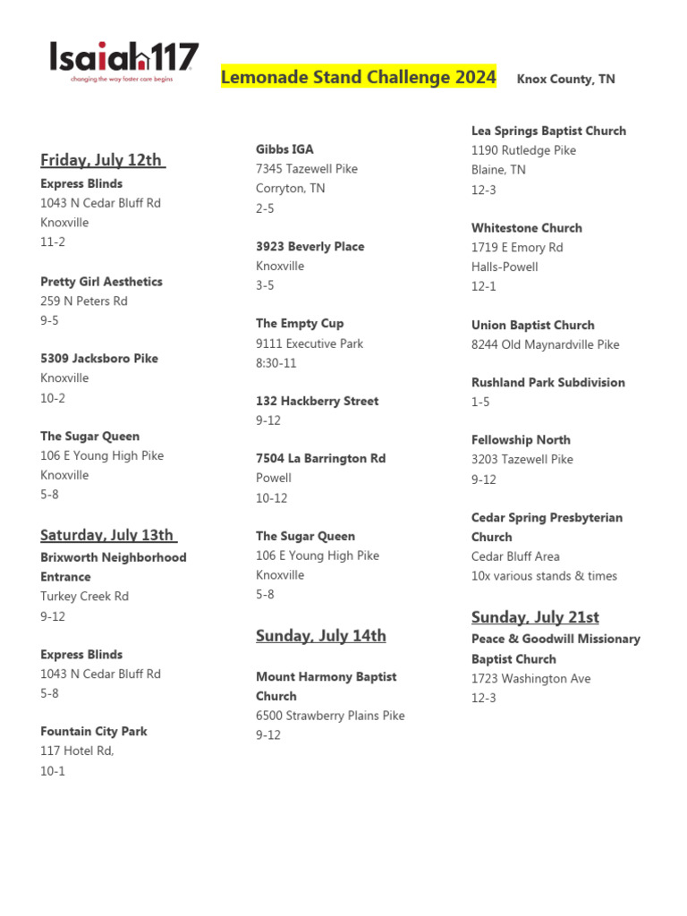 Lemonade Stand Dates & Location | PDF