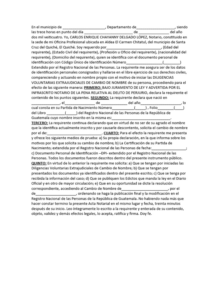 Acta De Requerimiento Cambio De Nombre Pdf Justicia Crimen Y