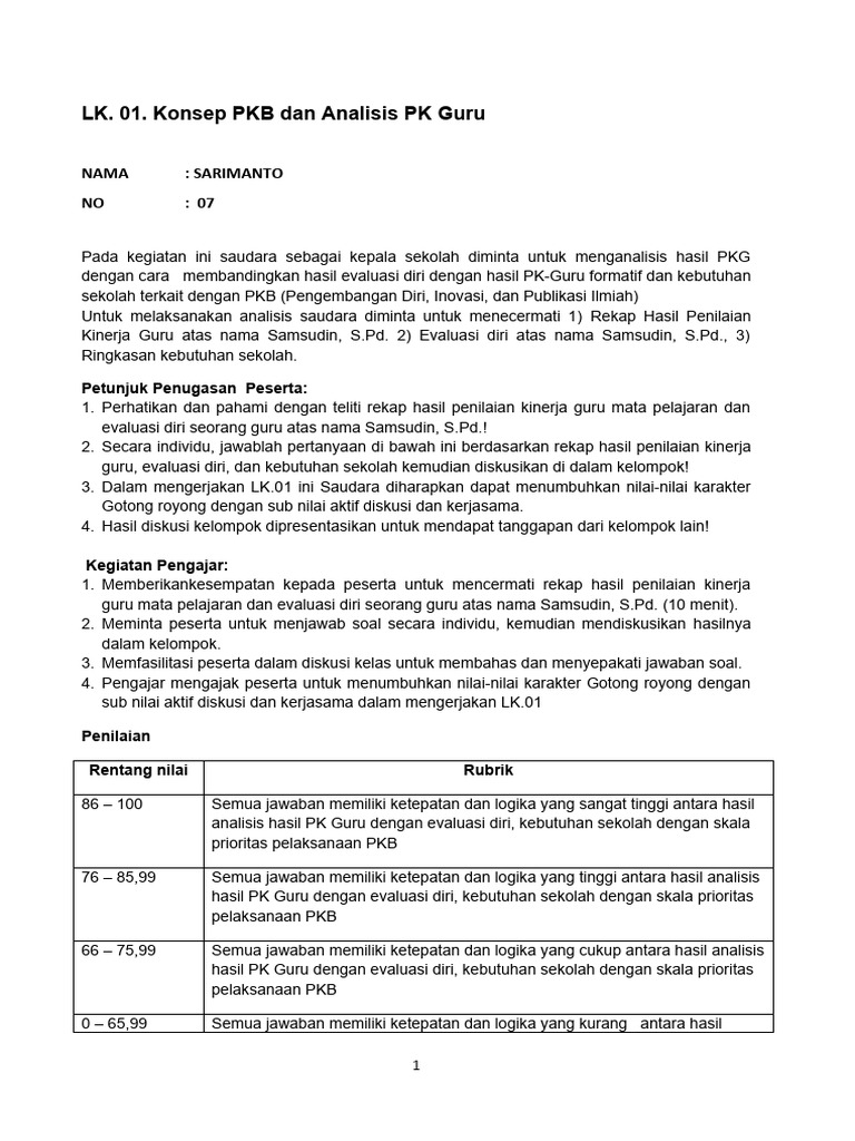 LK. 01 Konsep PKB & Analisis Hasil PKG | PDF | Pengembangan Diri