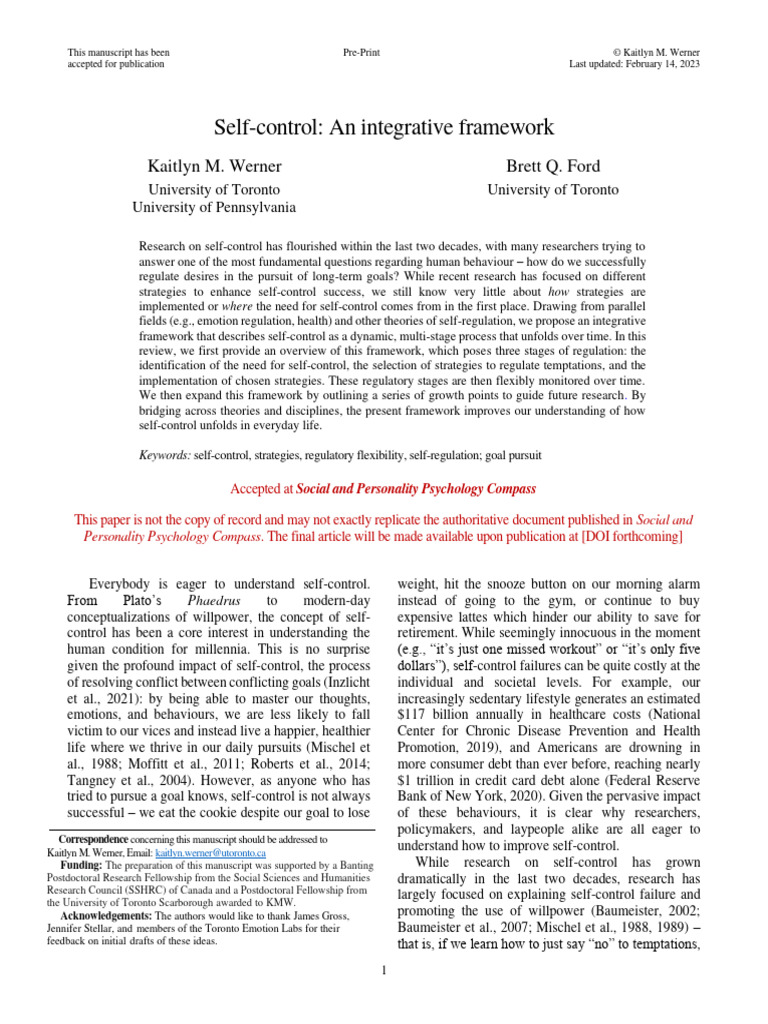 Werner&Ford SelfControlFramework | PDF | Self-Management | Self Control