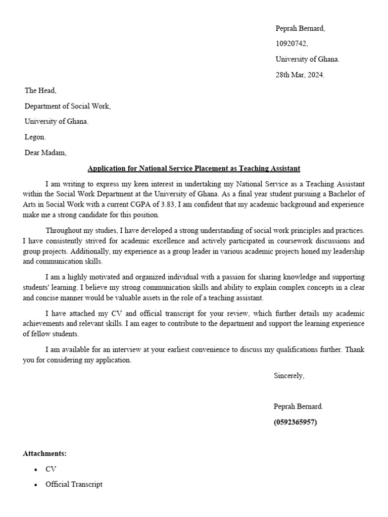 Application for National Service Placement as Teaching Assistant | PDF