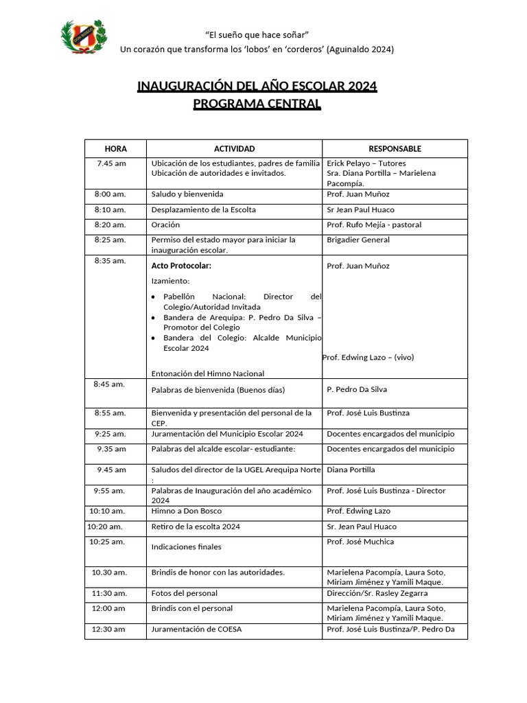 PROGRAMA DE INAUGURACION 2024 | PDF
