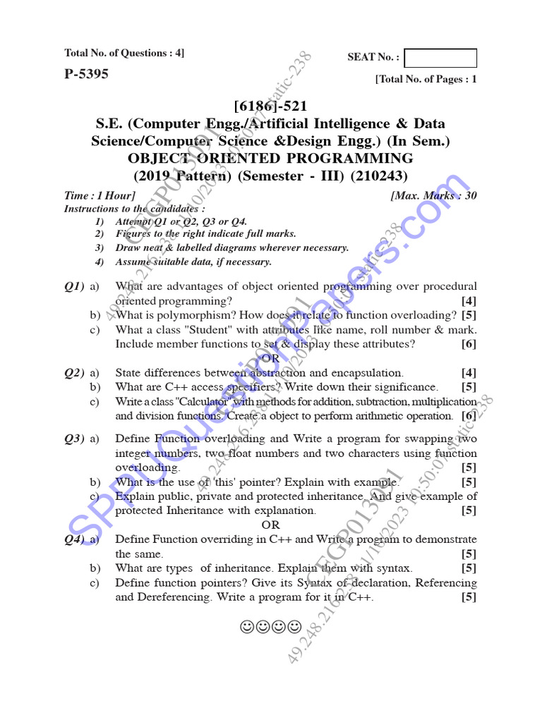 Object Oriented Programming Exam Paper | PDF | Pointer (Computer Programming) | C++