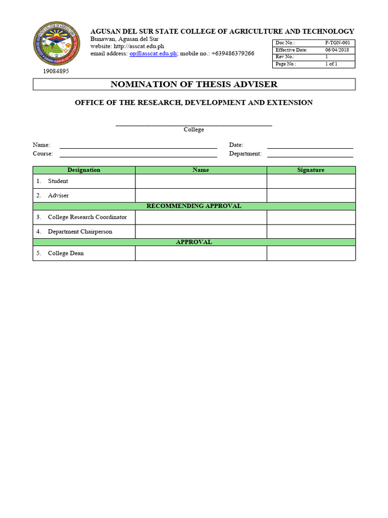 F TGN 001 Nomination of Thesis Adviser | PDF