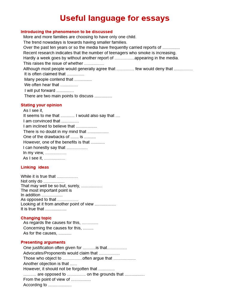 Useful Phrases For Essays | PDF