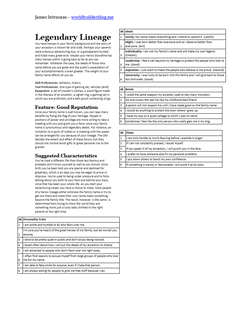 D&D 5e - Background - Legendary Lineage (By James Introcaso) | PDF