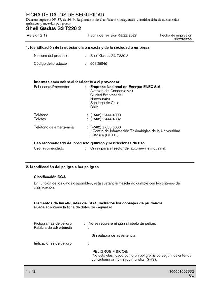 Gadus S3 T220 2 MSDS | PDF | Agua | Contaminación