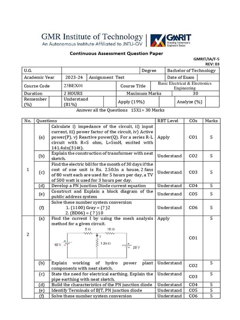 BEEE - Assignment Questions in New Format | PDF | Electrical Components | Electronic Circuits