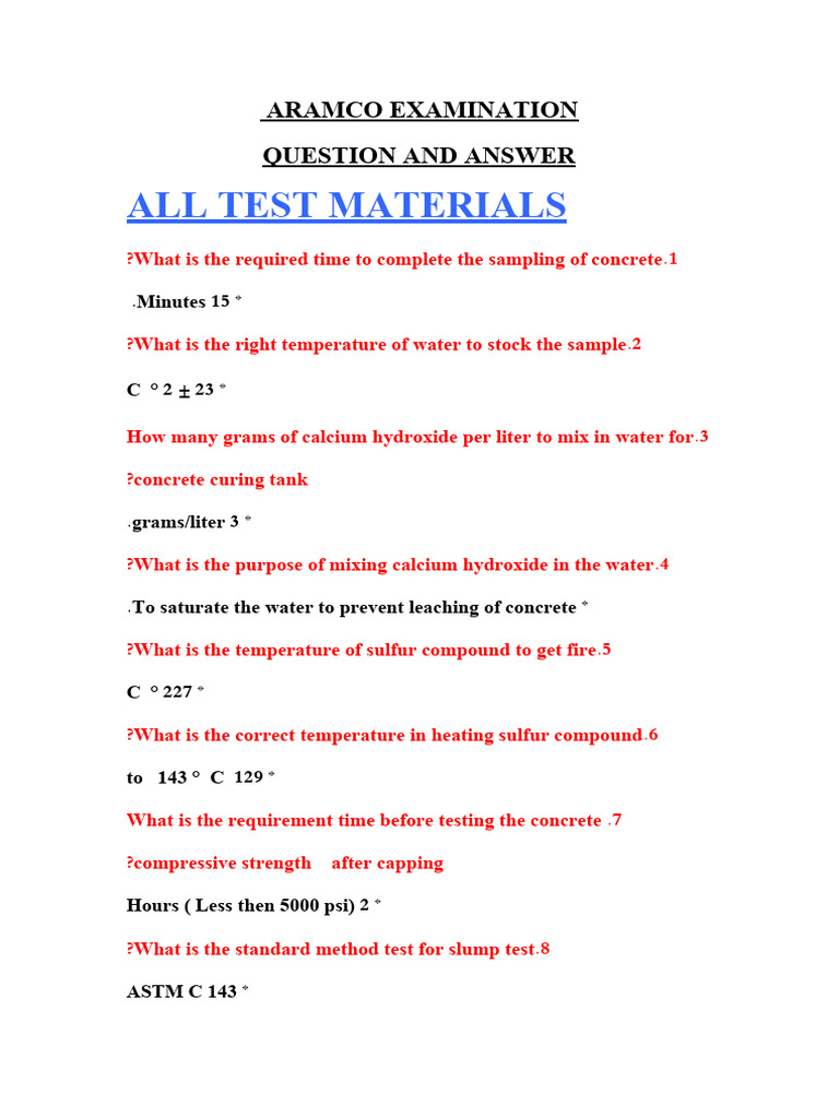 Aramco Examination For Lab Technician-Wh-All Mix Question (Model) | PDF | Concrete | Water