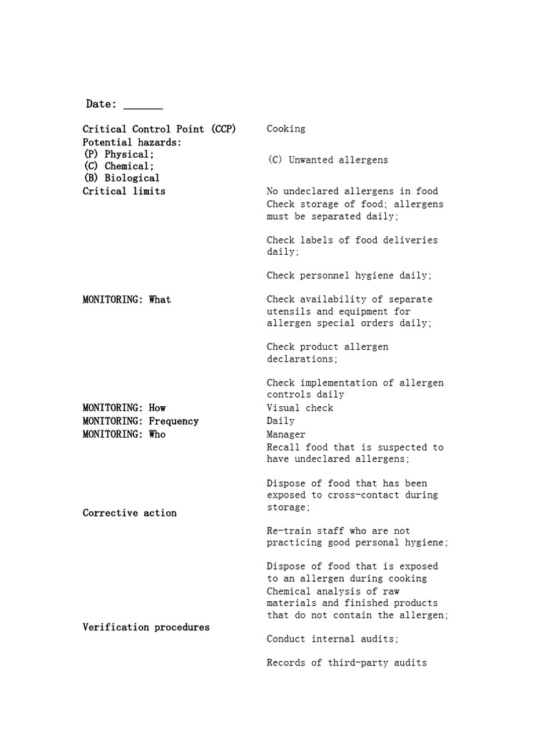 Cooking CCP Table | PDF | Personal Protective Equipment | First Aid