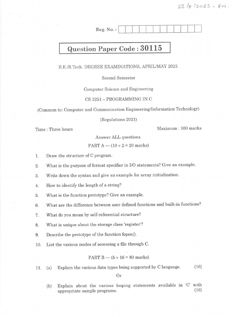 CS3251 - Programming in C - R2021 - 2023 - June | PDF